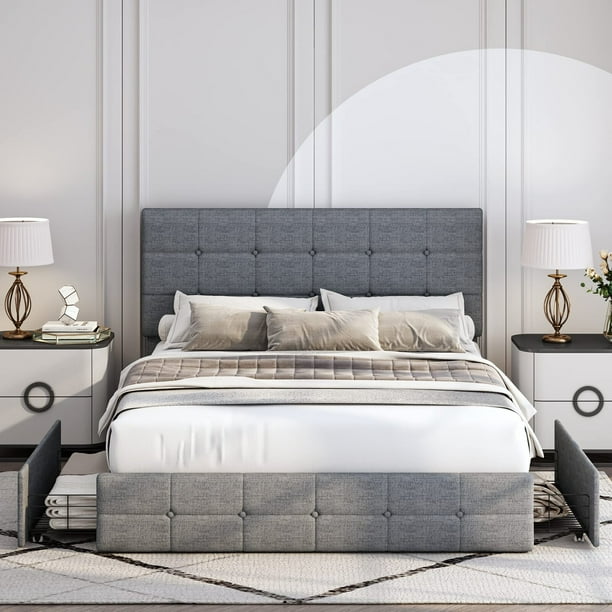 Homfa Full Size 4 Storage Drawers Bed Frame, Square Tufted Upholstered ...
