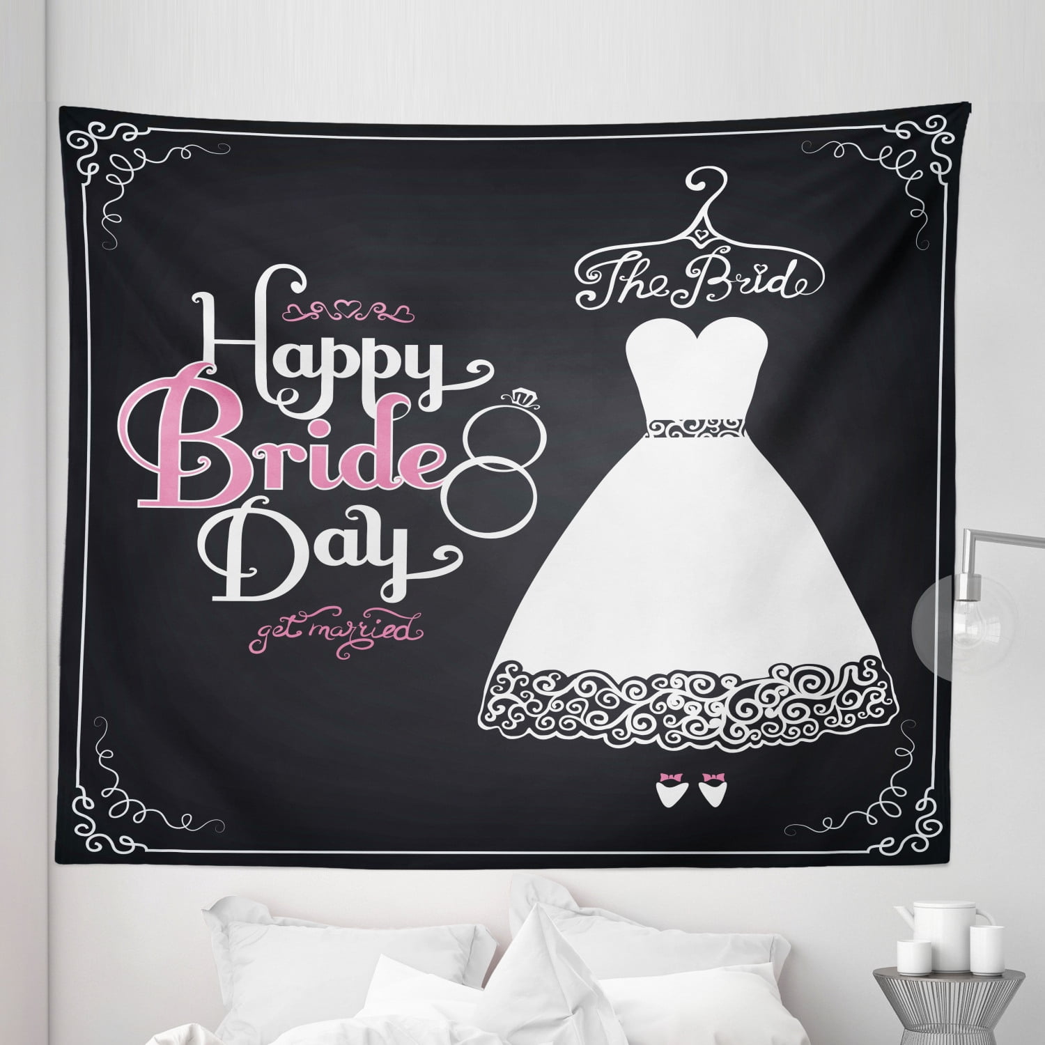 Wedding Tapestry, Happy Bride Day Words Wedding Dress Swirls ...