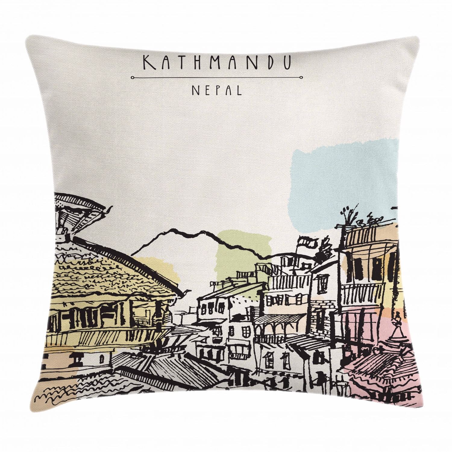 Nepal Throw Pillow Cushion Cover, Hand Drawn Temples of Durbar ...
