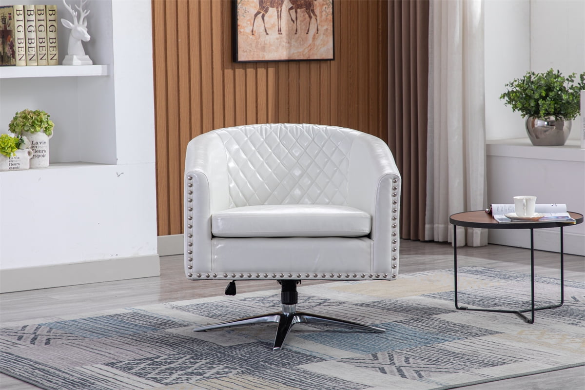 Swivel Barrel Chair,PU Accent Armchair with Nailheads and Metal Base ...