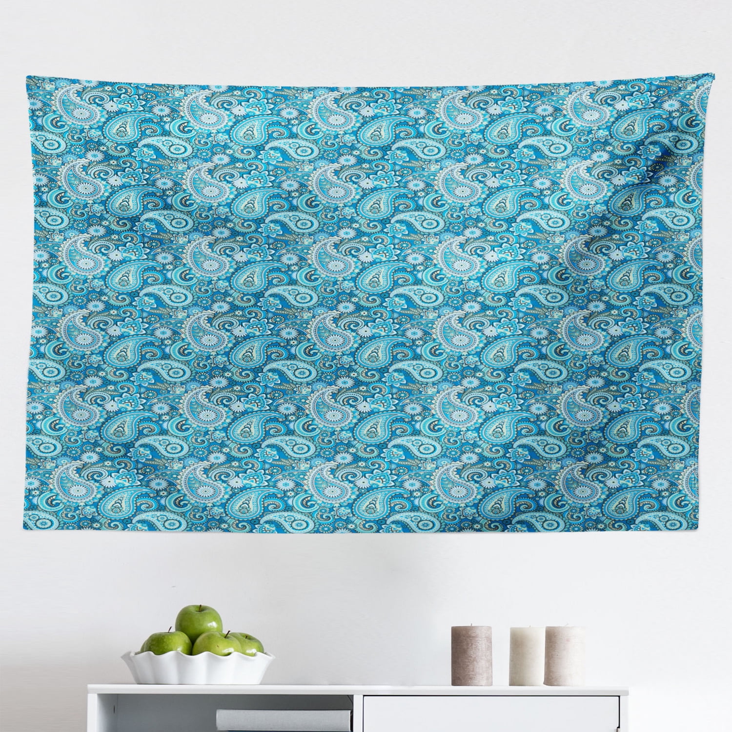 Blue Paisley Tapestry, Repetitive Folk Art Pine Cone Shaped Motif in ...