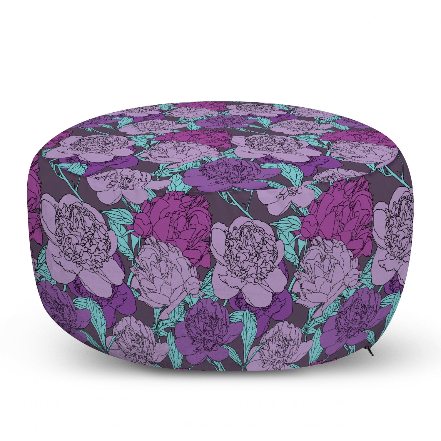 Peony Pouf Cover with Zipper, Pastel Tone Delicate Peonies with Curled ...
