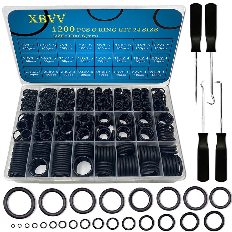XBVV 1200 Pcs 24 Size Rubber O-Ring Assortment Kit with 4pcs Hook Set ...