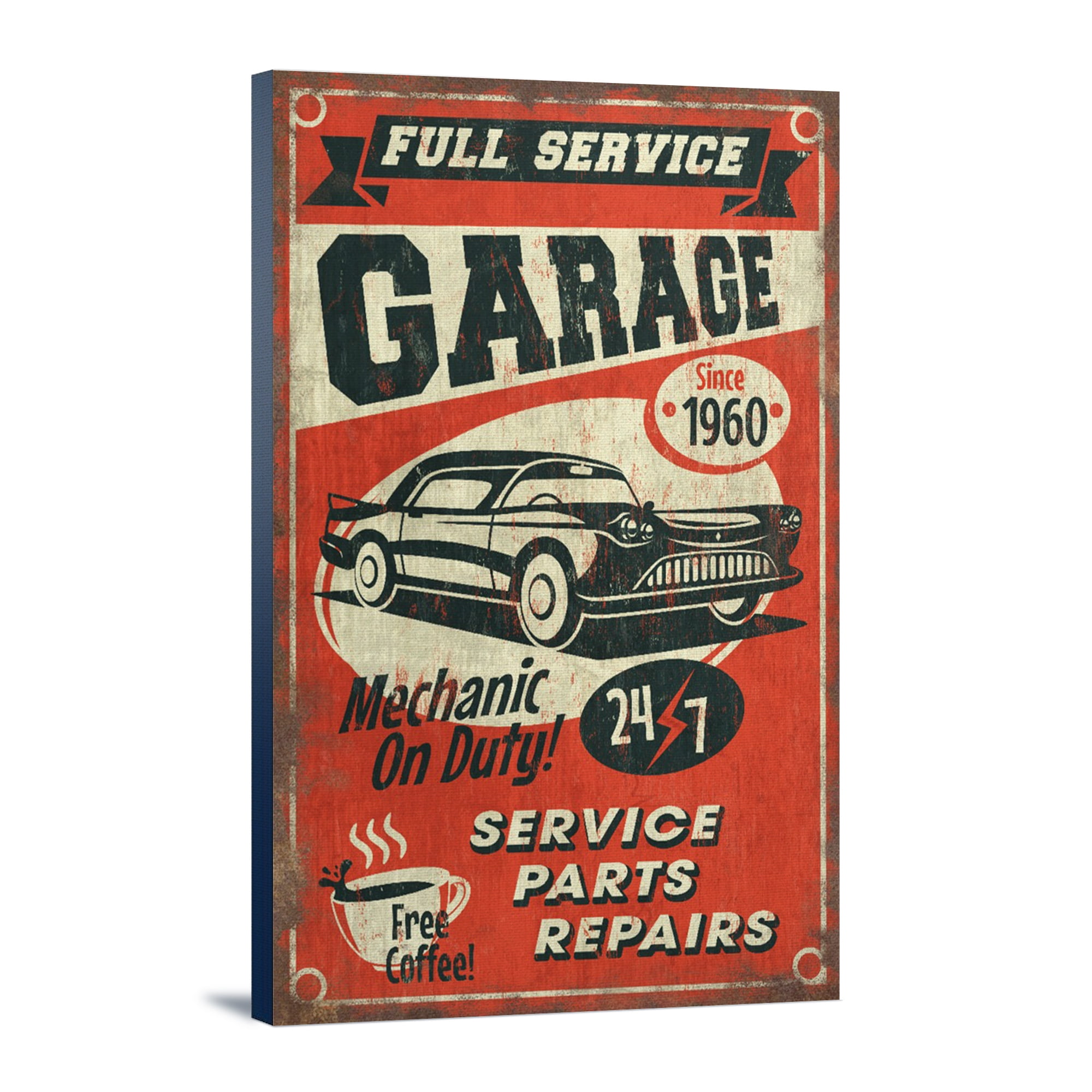 24/7 Full Service Garage, Vintage Sign, (12x18 Wrapped Canvas, Wall ...