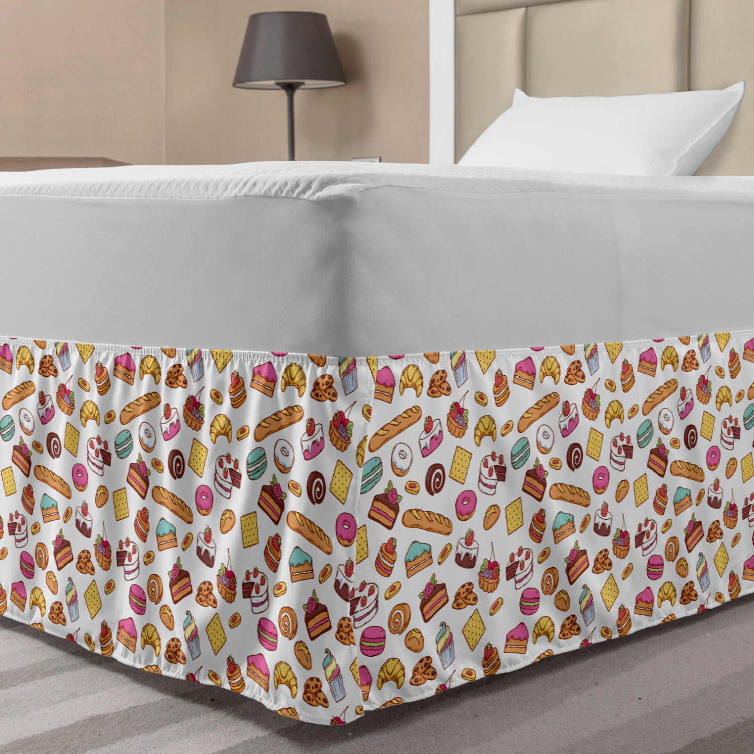 Dessert Bed Skirt, Bakery Medley Pattern of Baguettes Tartlets Biscuits ...