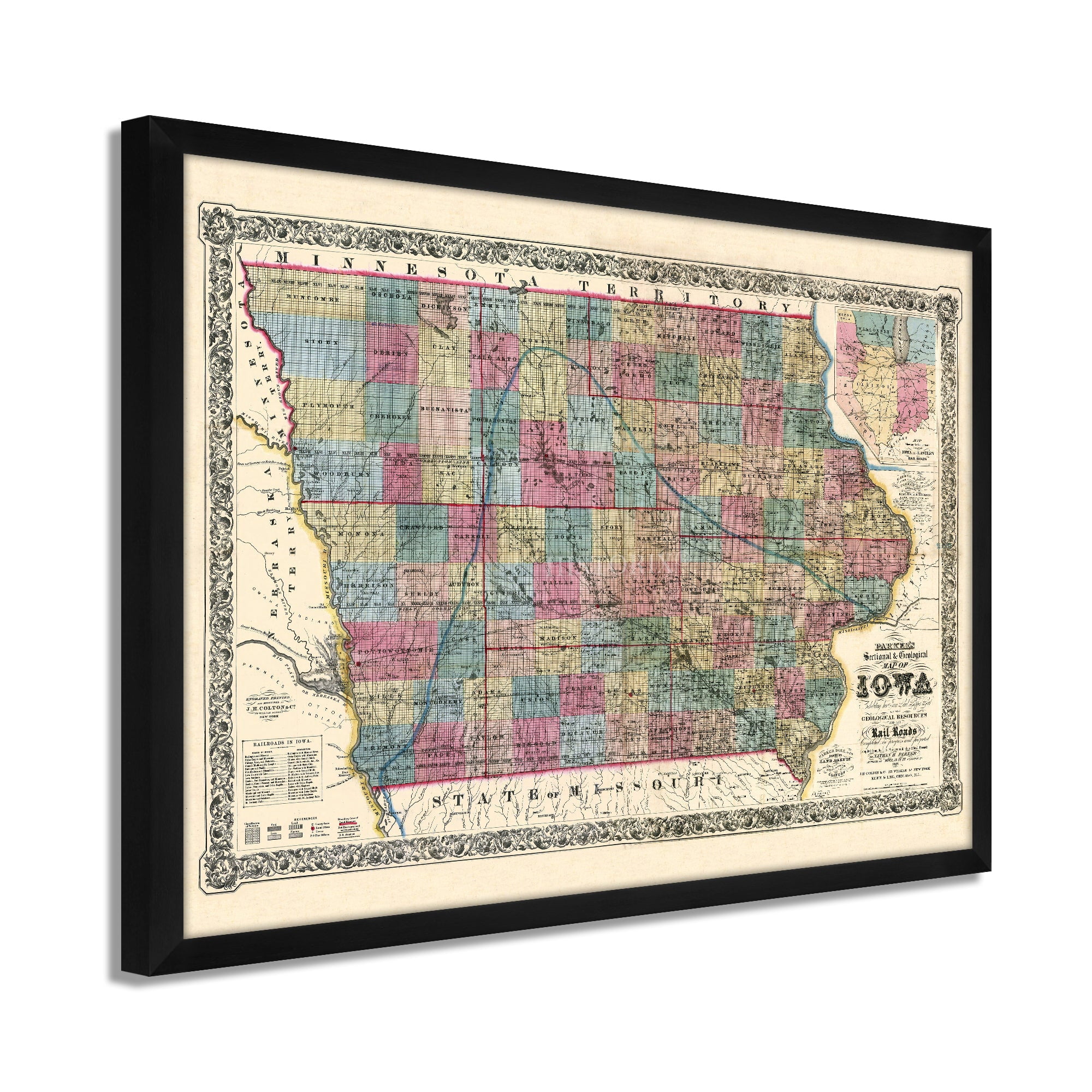 1856 Iowa Map - Framed Vintage Iowa State Map - Old State of Iowa Map ...