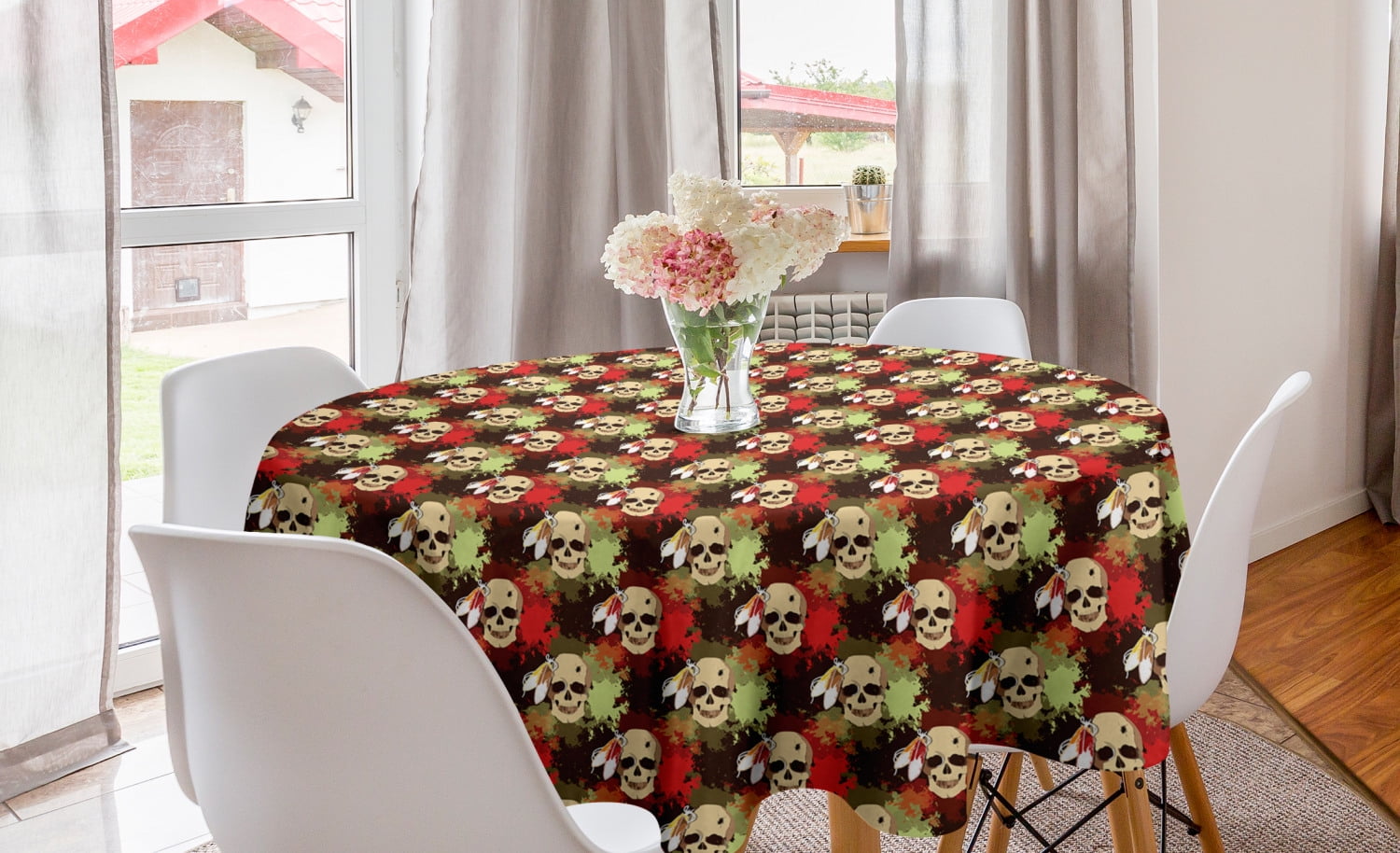 Skull Round Tablecloth, Skull with Feathers Tribe Backdrop with ...