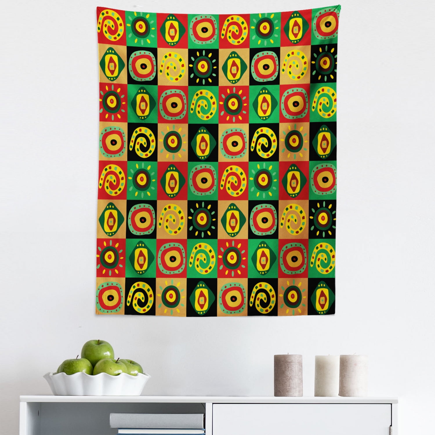 African Tapestry, Abstract Design with Trippy Shapes Culture Hieroglyph ...