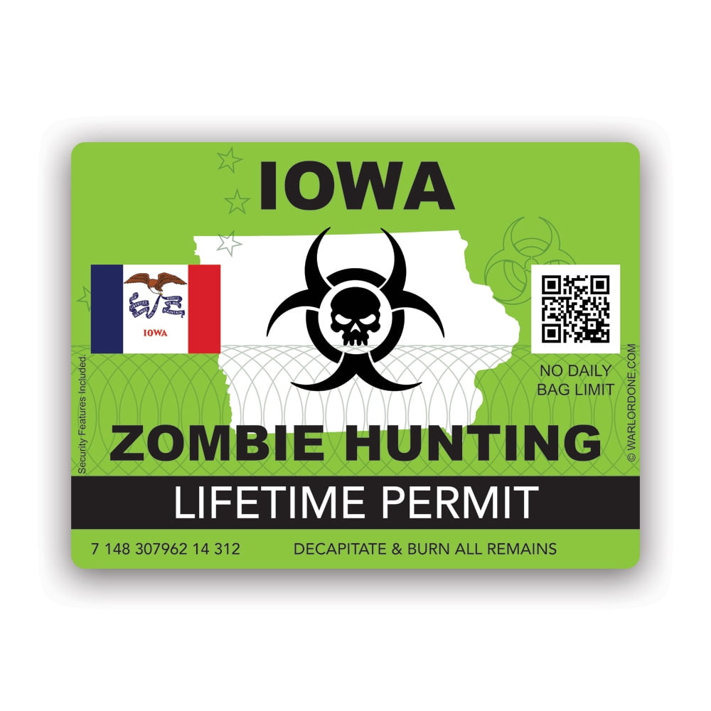 Zombie Iowa State Hunting Permit Sticker Decal - Self Adhesive Vinyl ...