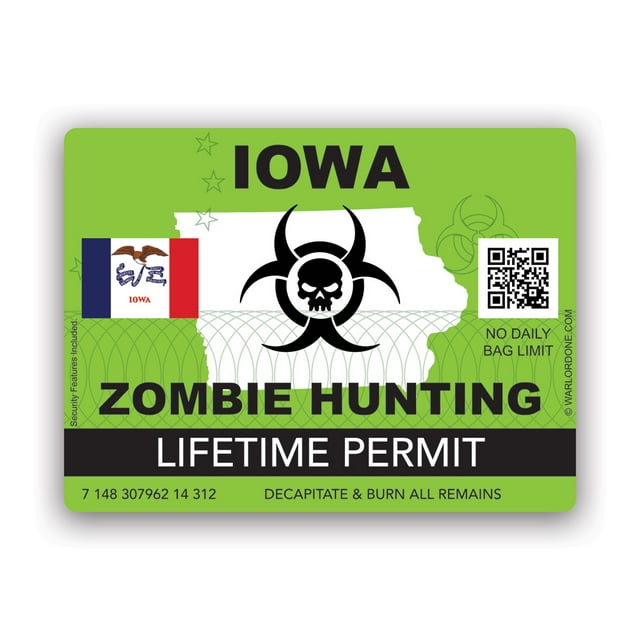 Zombie Iowa State Hunting Permit Sticker Decal - Self Adhesive Vinyl ...