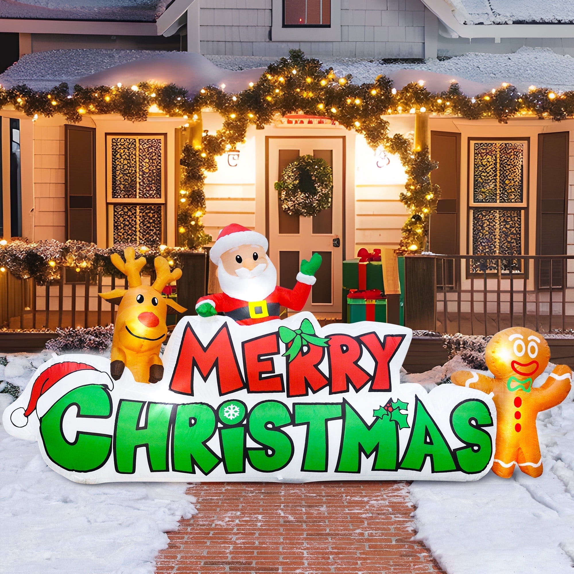 Joyfy 9.5 Ft Christmas Inflatables Merry Christmas Sign With Santa Outdoor Decorations christmas Blow Ups Yard With Built-In Leds For Holiday Party Ga