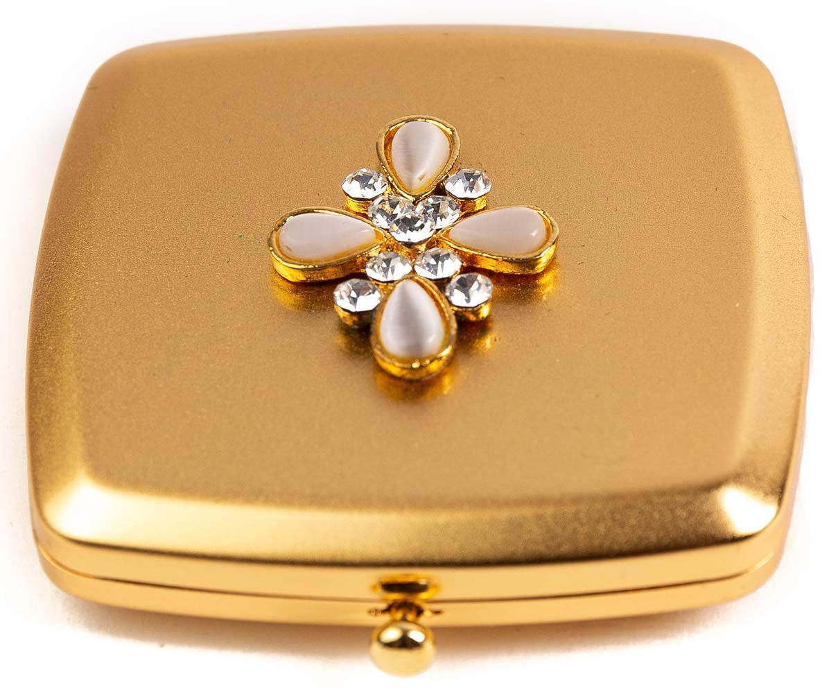 Stone and Crystal Flower Folding Compact Pocket Makeup Mirror With ...