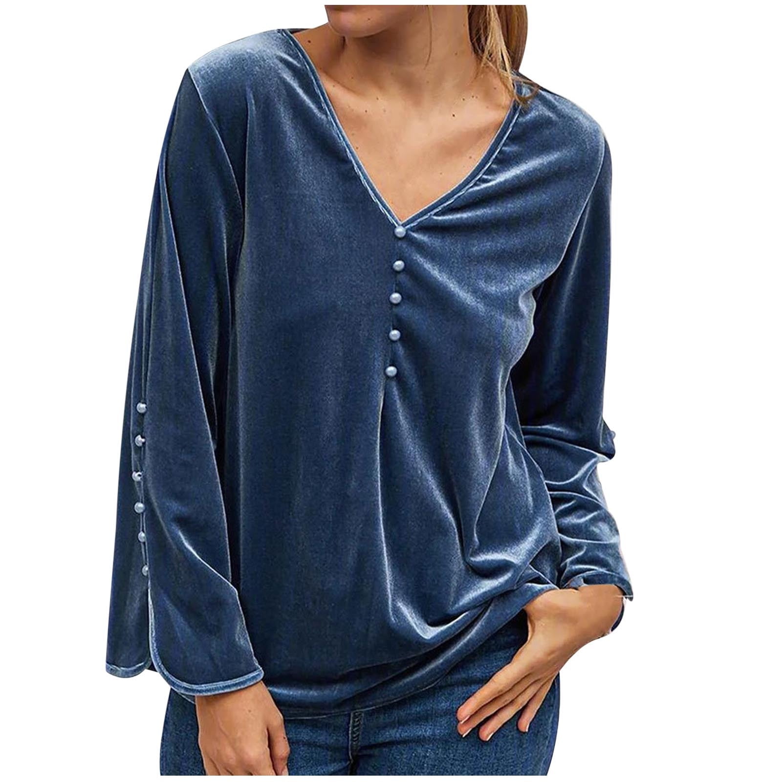 Women's Vintage Velvet V Neck Long Sleeve Top Blouse Velour Pullover ...