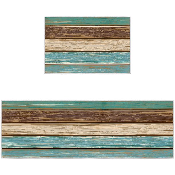 Rustic Kitchen Rugs and Mats, Farmhouse Wood Board Turquoise Washable ...