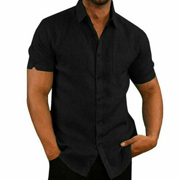 Madjtlqy Mens Linen Short Sleeve Summer Solid Shirts Loose Dress Soft
