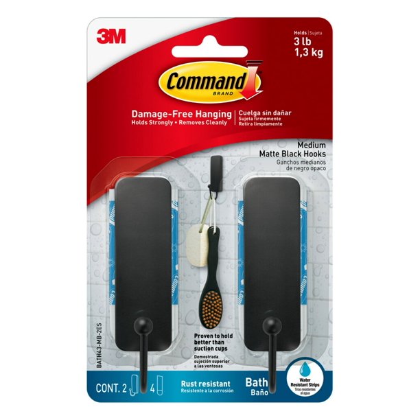 Command Bath Hook, Medium, Matte Black, 2 Hooks 4 Strips per Pack ...