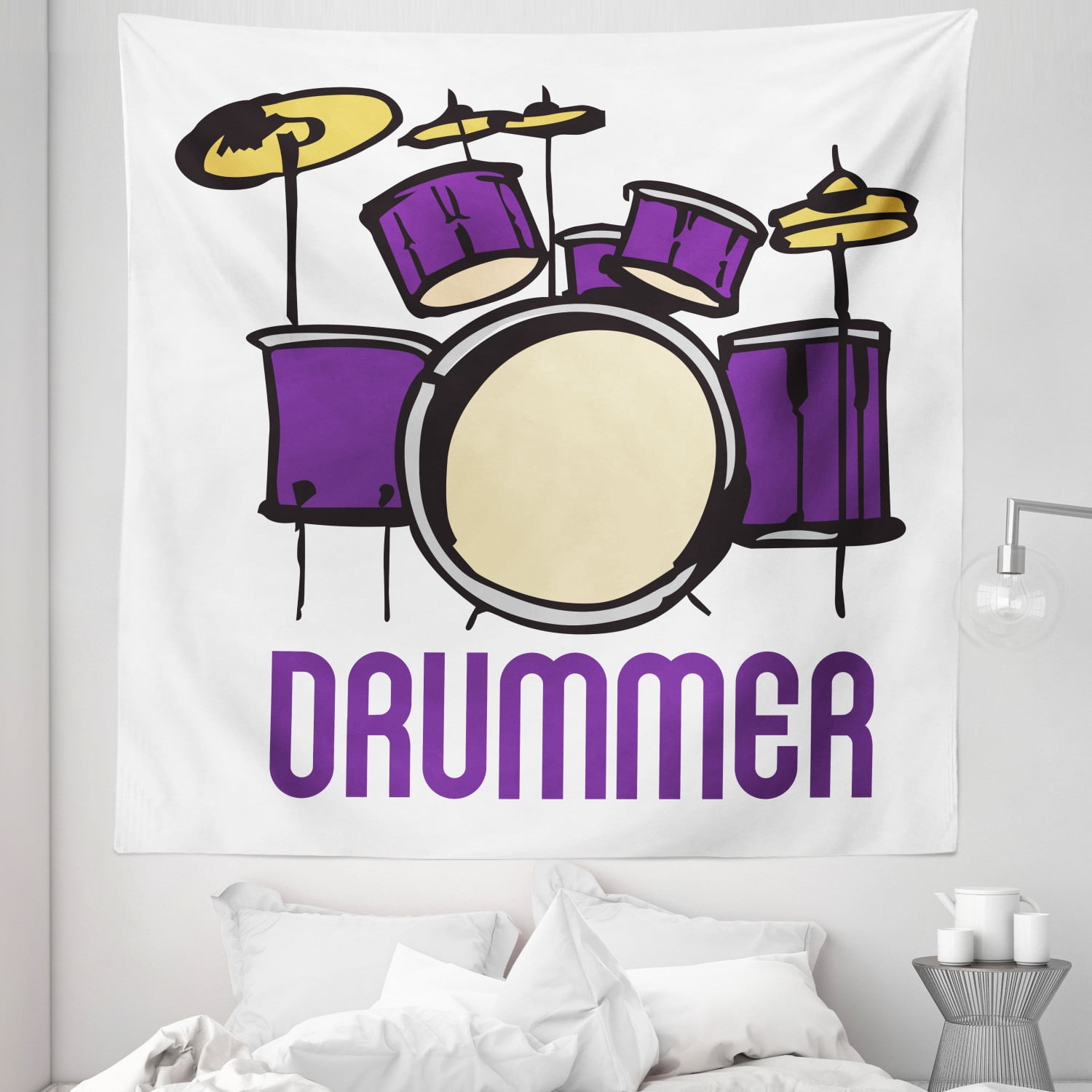 Drums Tapestry, Long Font Drummer Wording with Cartoon Style Graphics ...