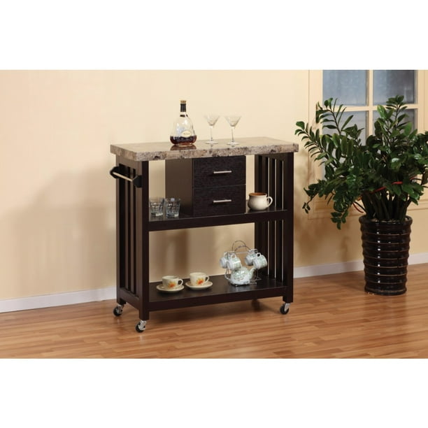 Contemporary Style Kitchen Cart With Faux Marble Top & 2 Drawers ...