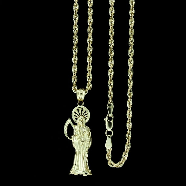 Mens 10K Yellow Gold Santa Muerte Grim Reaper Pendant & 2.5mm Rope ...