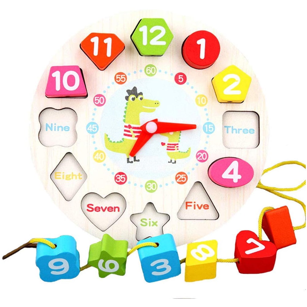 OZS Wooden Shape Sorting Learning Clock Puzzle Threading Toy Early ...