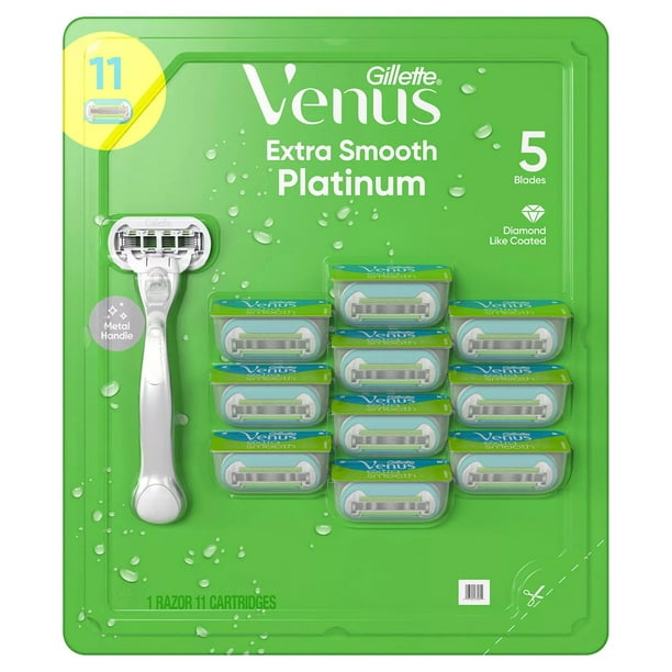 Venus Platinum Extra Smooth Metal Handle Women's Razor, 1 Handle + 11 ...