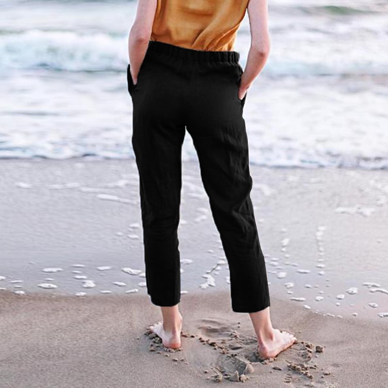 Zanzea Womens Elastic Waist Tapered Pants Capris Casual Side Pocket
