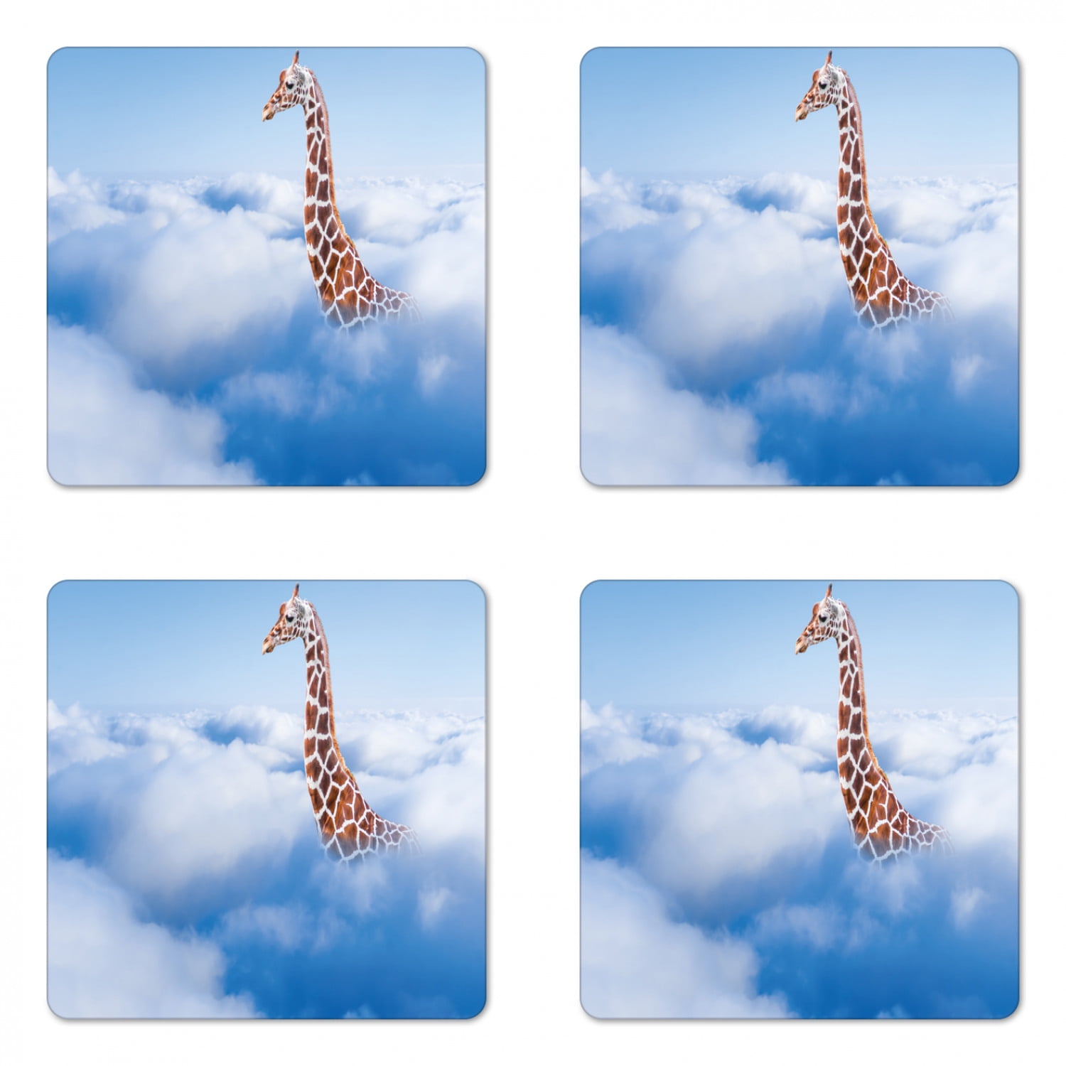 Giraffe Coaster Set of 4, Aerial Scene of a Flying Animal in Fluffy ...