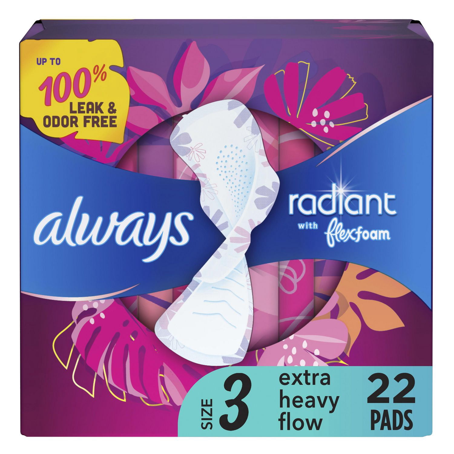 Always Radiant Feminine Pads for Women, Size 3 Heavy, with Wings, Light ...