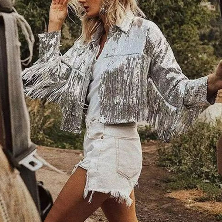 Leesechin Women's Sequin Fringe Jacket Long Sleeve Tassel Leesechin Women's Sequin Fringe Jacket Long Sleeve Tassel