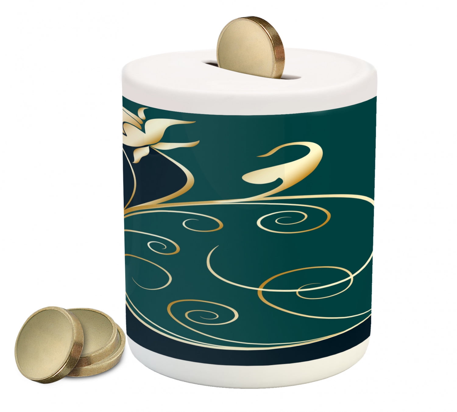 Floral Piggy Bank, Classic Ornamental Swirled Flower Beauty with Curved ...