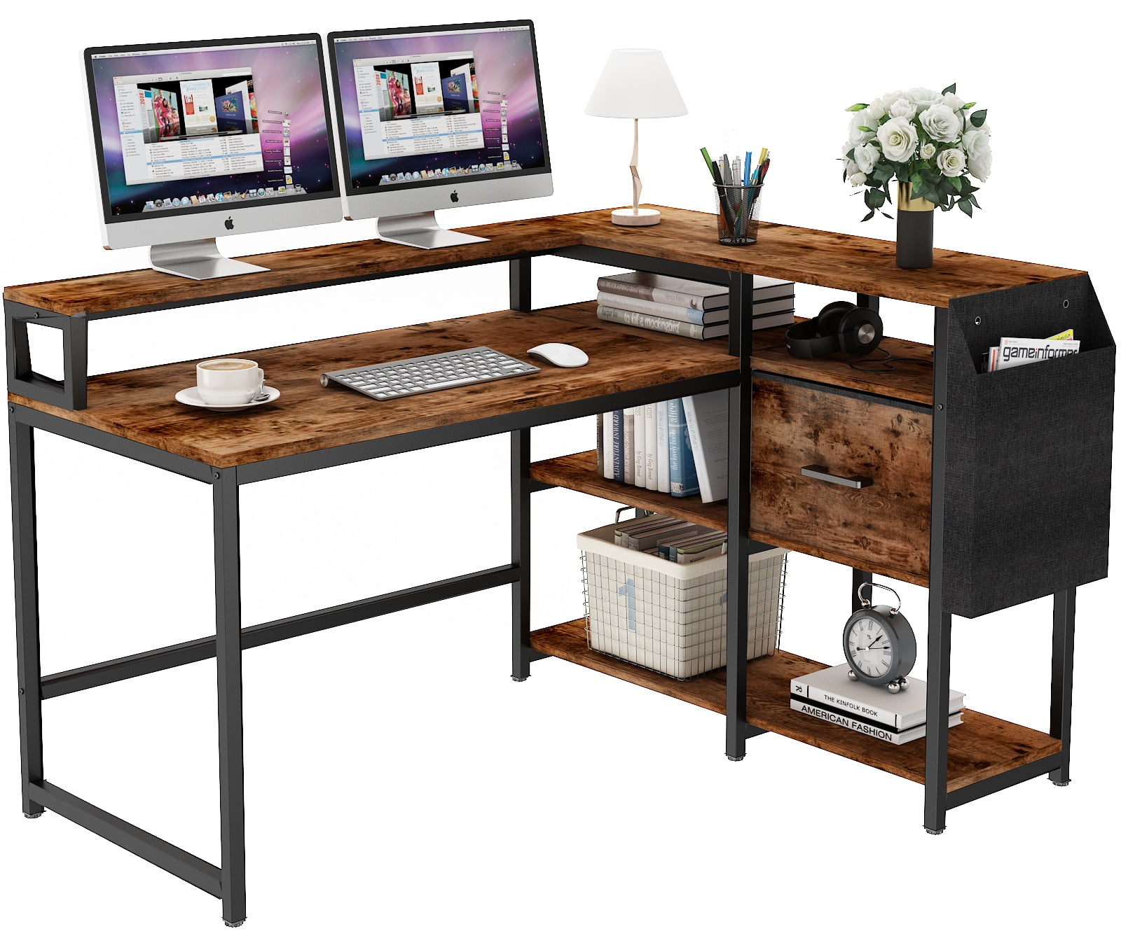 Buy Loomie L Shaped Desk with Drawer, 55 W x 41 D Industrial Corner ...