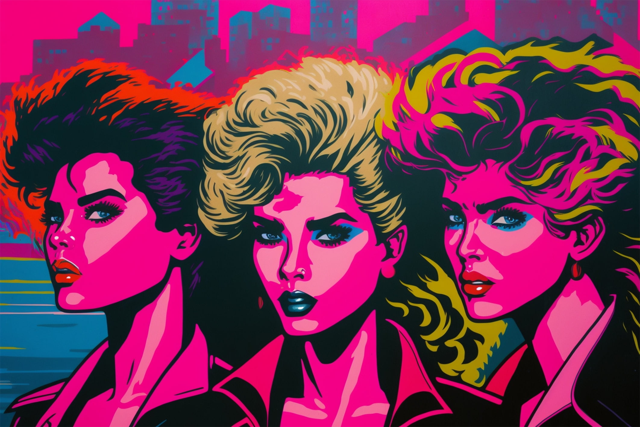 24x36 gallery poster, 1980s neon Synth pop girls in the New Wave style ...