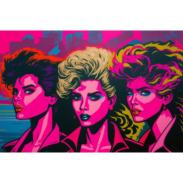 24x36 gallery poster, 1980s neon Synth pop girls in the New Wave style ...