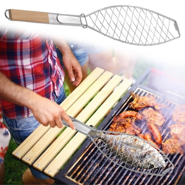 Barbecue Fish Grilling Basket Roast Meat Vegetable BBQ Tool with Wooden ...
