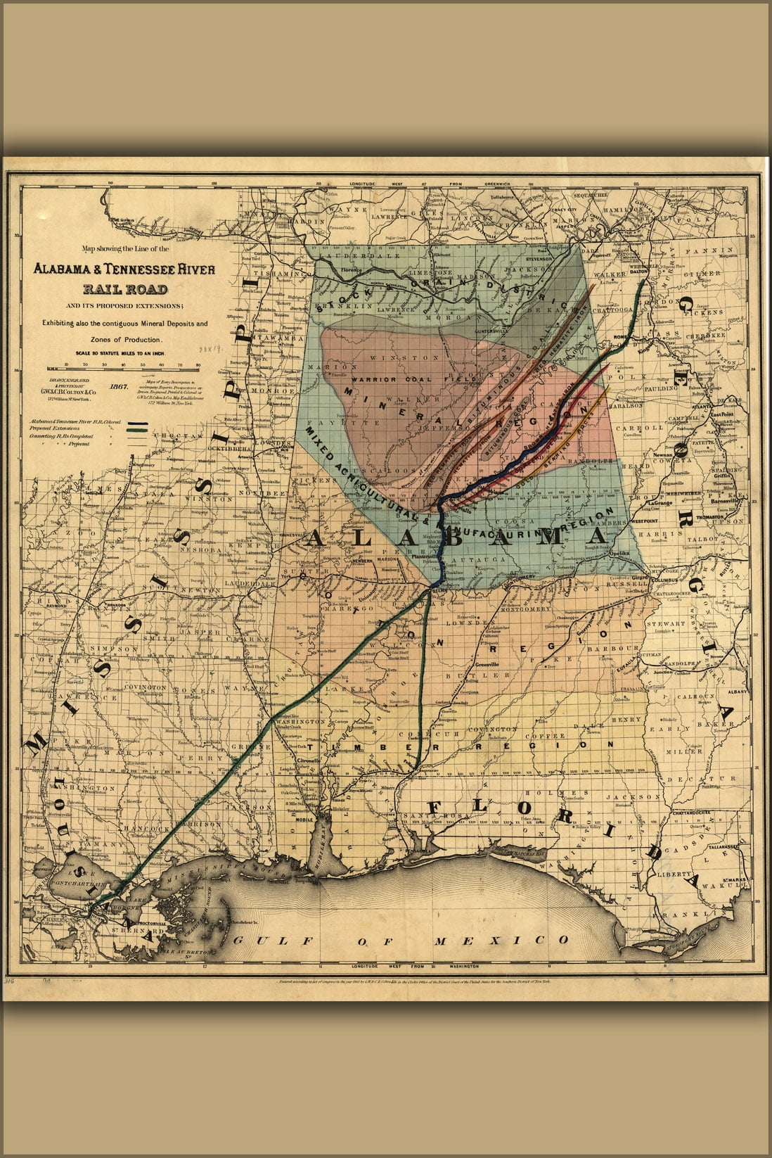 24"x36" Gallery Poster, map of Alabama & Tennessee River Railroad 1865 ...