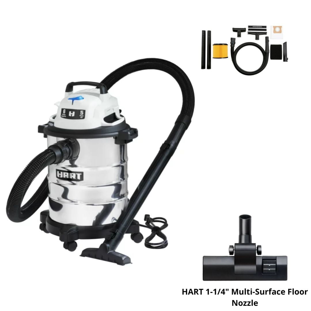 HART 6 Gallon 5 Peak HP Stainless Steel Wet/Dry Vacuum With Multi ...