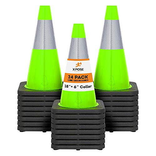 18” Lime Green Traffic Cone - 6" Reflective Collar – 24 Pack - Multipurpose Premium PVC Safety ...