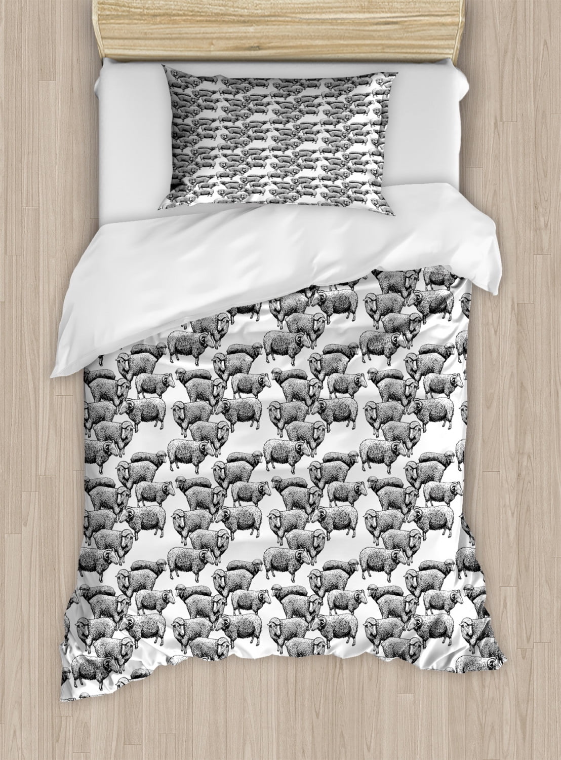 Cattle Twin Size Duvet Cover Set, Vintage Engraved Style Herd of Sheep ...