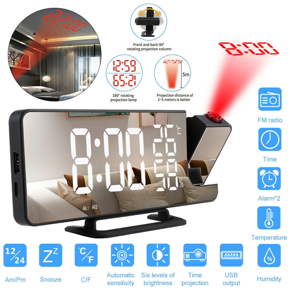 7.5'' Mirror Digital Clock with USB Charging Port 2 Alarms Snooze Auto ...