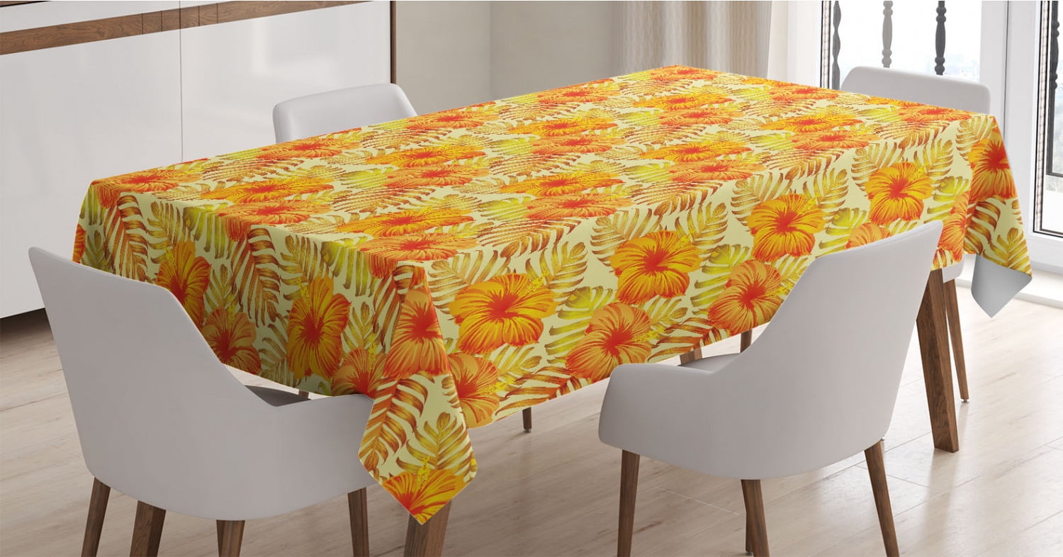Hibiscus Tablecloth, Exotic Flowers Tropical Palm Leaf Warm Tones ...
