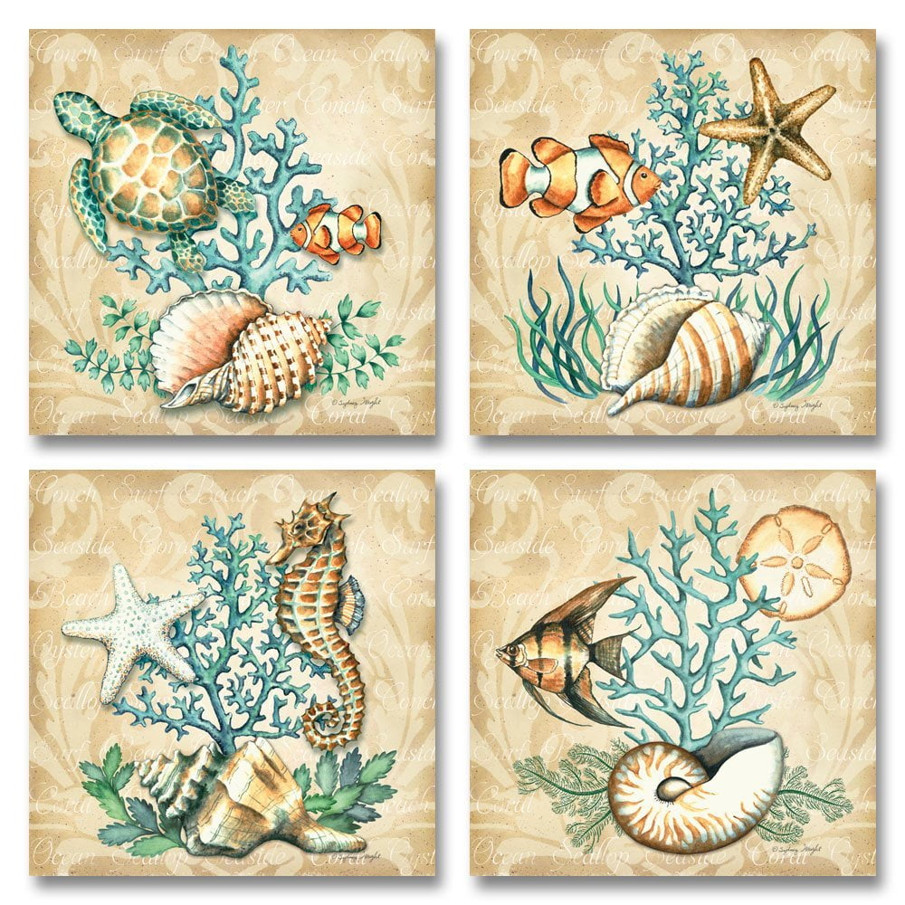 Sea Life Still Life Collages; Shells, Seahorses, Reef Fish, Starfishes ...