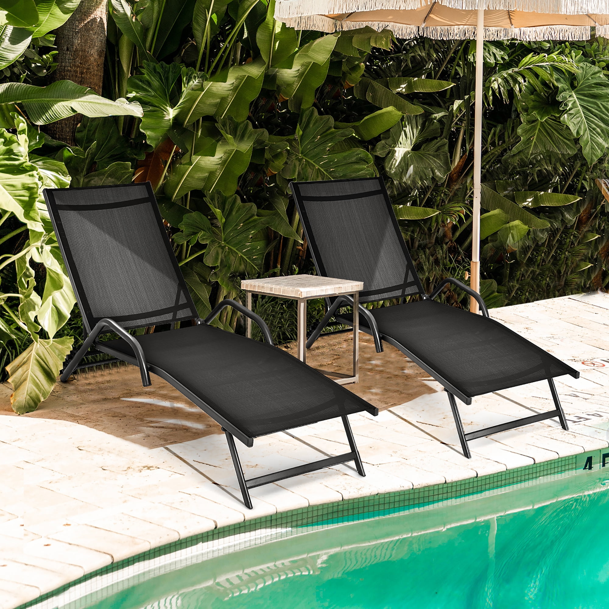 Costway Set of 2 Outdoor Chaise Lounge Chairs with Breathable Seat Black