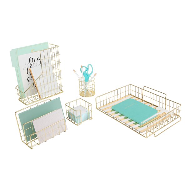 Blu Monaco 5 Piece Wire Gold Desk Organizer Accessories Set - Walmart.com