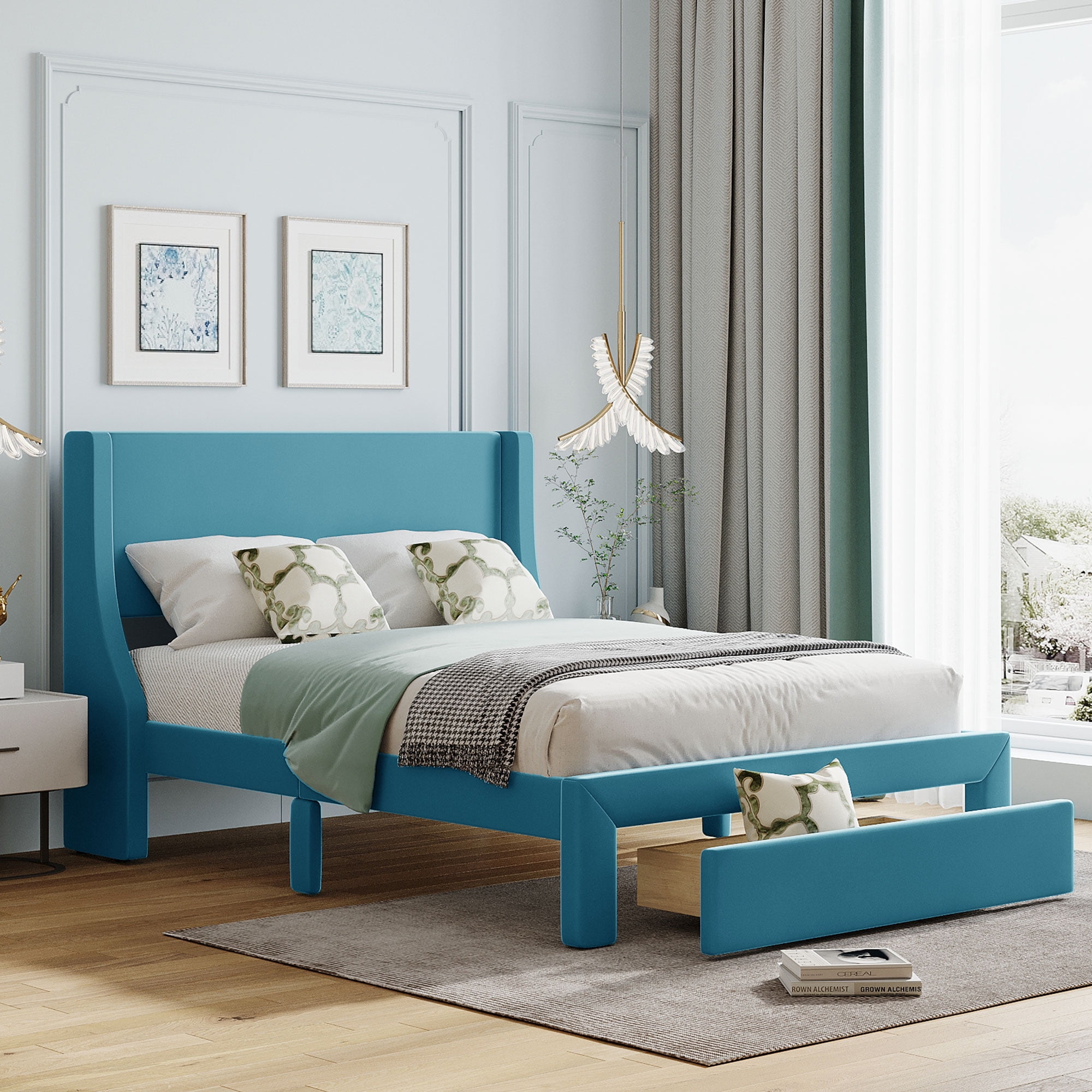 Full Velvet Upholstered Platform Bed with Storage Drawer, Pine Wood ...
