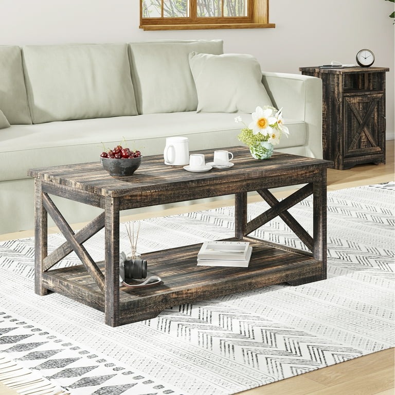 Merluxy 3 Piece Farmhouse Table Set Includes Coffee Table Two End Tables with Charging Station Dark Oak Size 40W Black