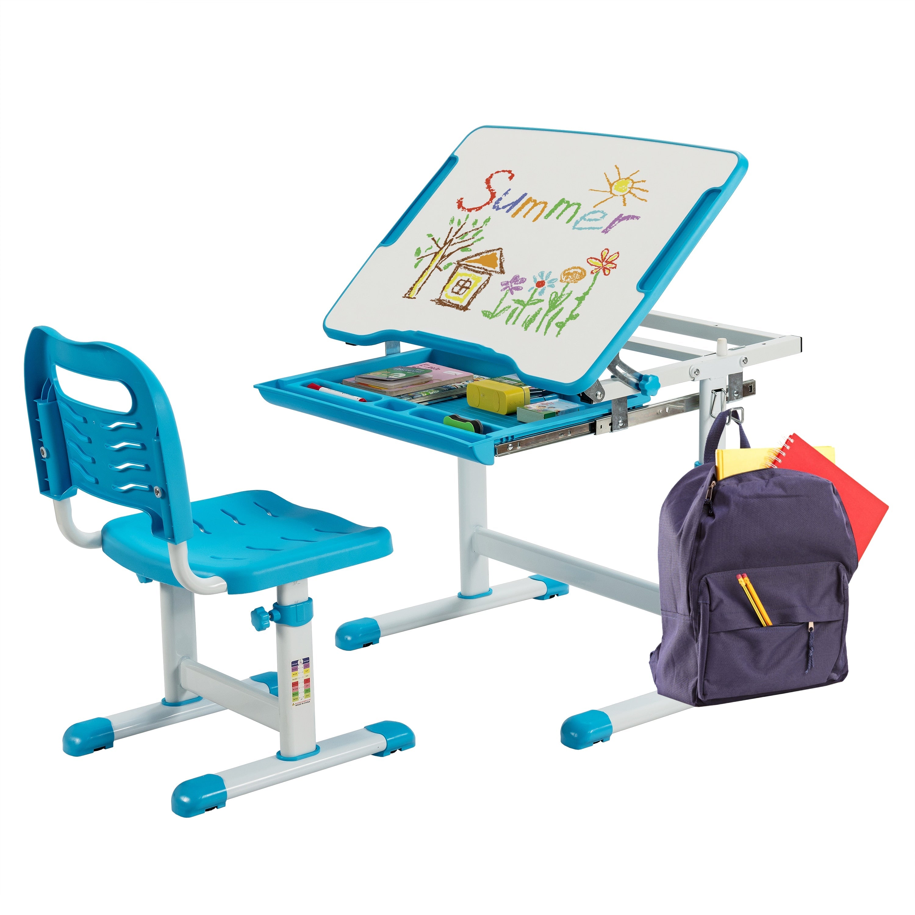 Blue Kids Desk and Chair Set Height Adjustable w/Tilted Tabletop ...