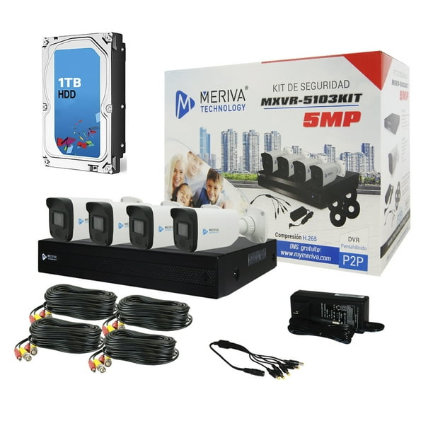 Kit Cámaras De Seguridad CCTV Meriva 5 Megapixeles DVR 4ch + 4 Cámaras Bullet Metal + HDD 1TB ...
