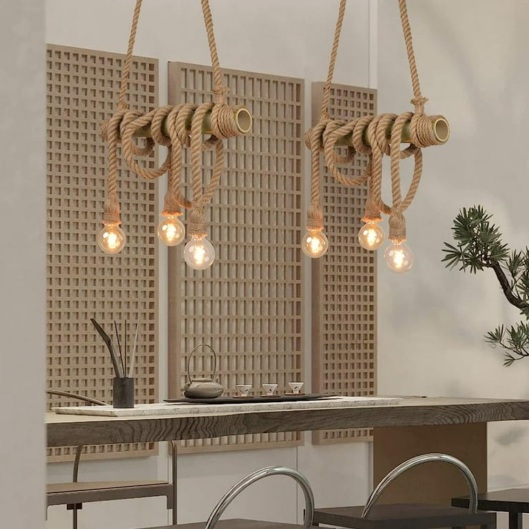 Arturesthome 6 Heads Hemp Rope Pendant Light, Vintage Bamboo Arturesthome 6 Heads Hemp Rope Pendant Light, Vintage Bamboo