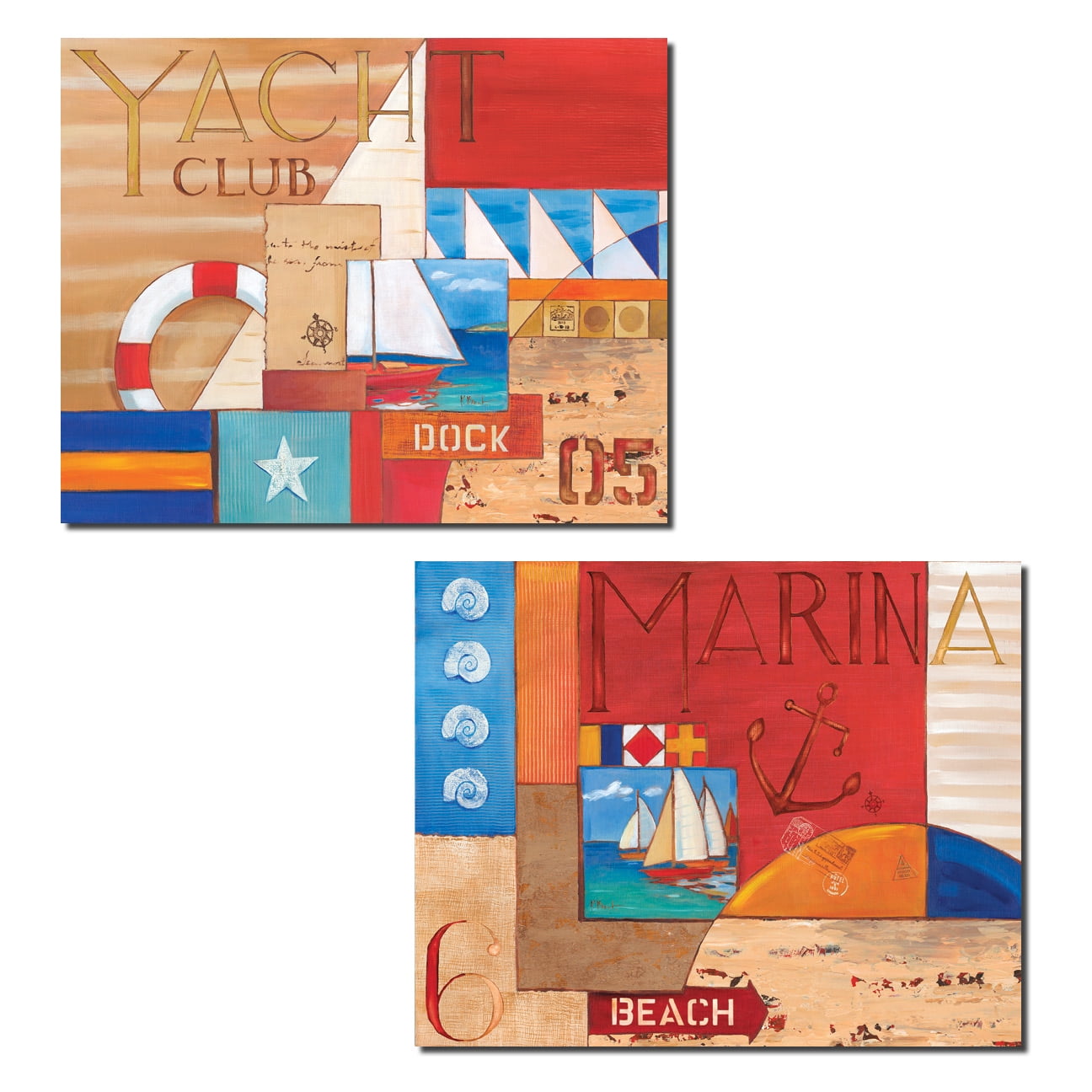 Retro Nautical Theme Collage Yacht Marina Beach Dock; Two 14x11 Poster ...