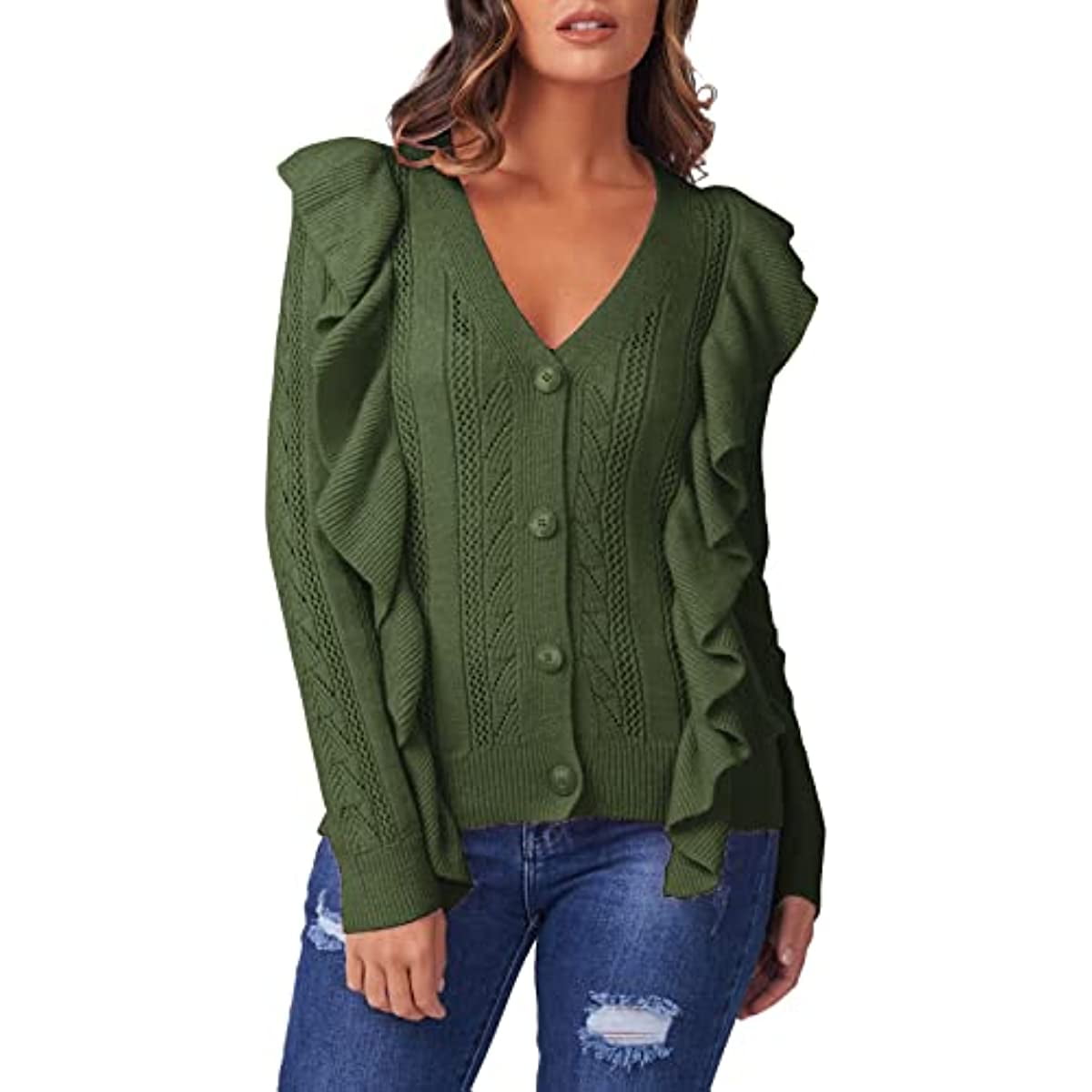 MURMUREY Womens Long Sleeve Ruffle Cropped Cardigans 2022 Fall Casual V ...